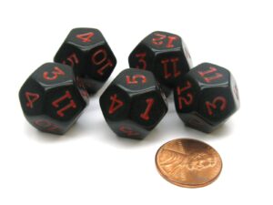 koplow games set of 5 d12 12-sided 18mm opaque rpg dice - black with red numbers