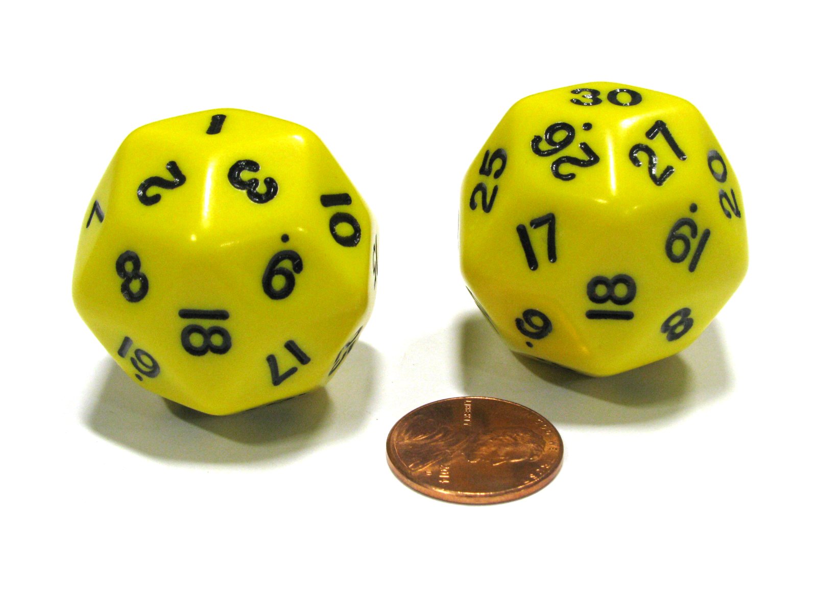 Koplow Games Set of 2 Triantakohedron D30 30 Sided 33mm Jumbo Dice - Yellow w Black Numbers