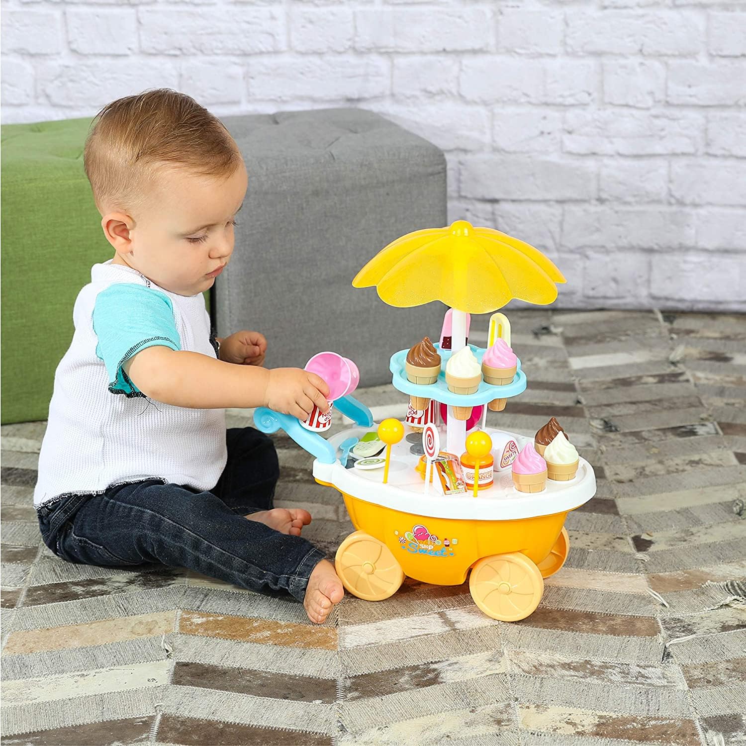 ToyVelt Ice Cream Toy Cart Play Set for Kids - 39-Piece Pretend Play Food - Educational Ice-Cream Trolley Truck with with Music & Lighting - Great Gift for Girls and Boys Ages 2,3 and up