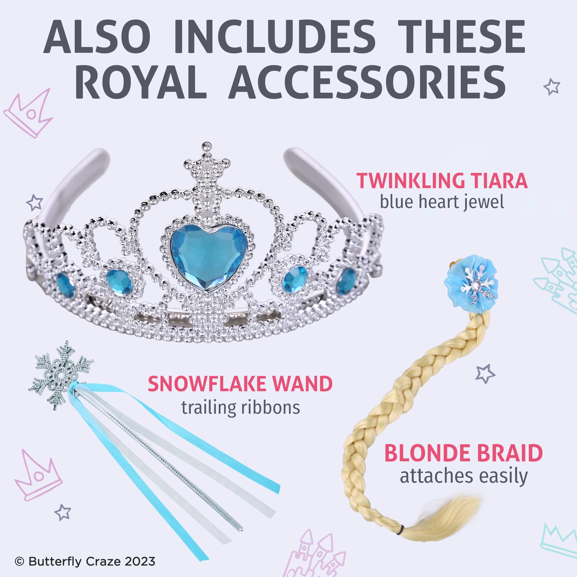 Butterfly Craze 4-Piece Accessory Set - Includes a Tiara, Gloves, Wand & Braid For Ice Queen Dress Up, Costume Parties, Playtime, & Pretend Play for Toddlers, Unleash Your Child's Inner Snow Princess