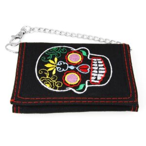 tri-fold fabric canvas wallet embroidered color full sugar skull key chain