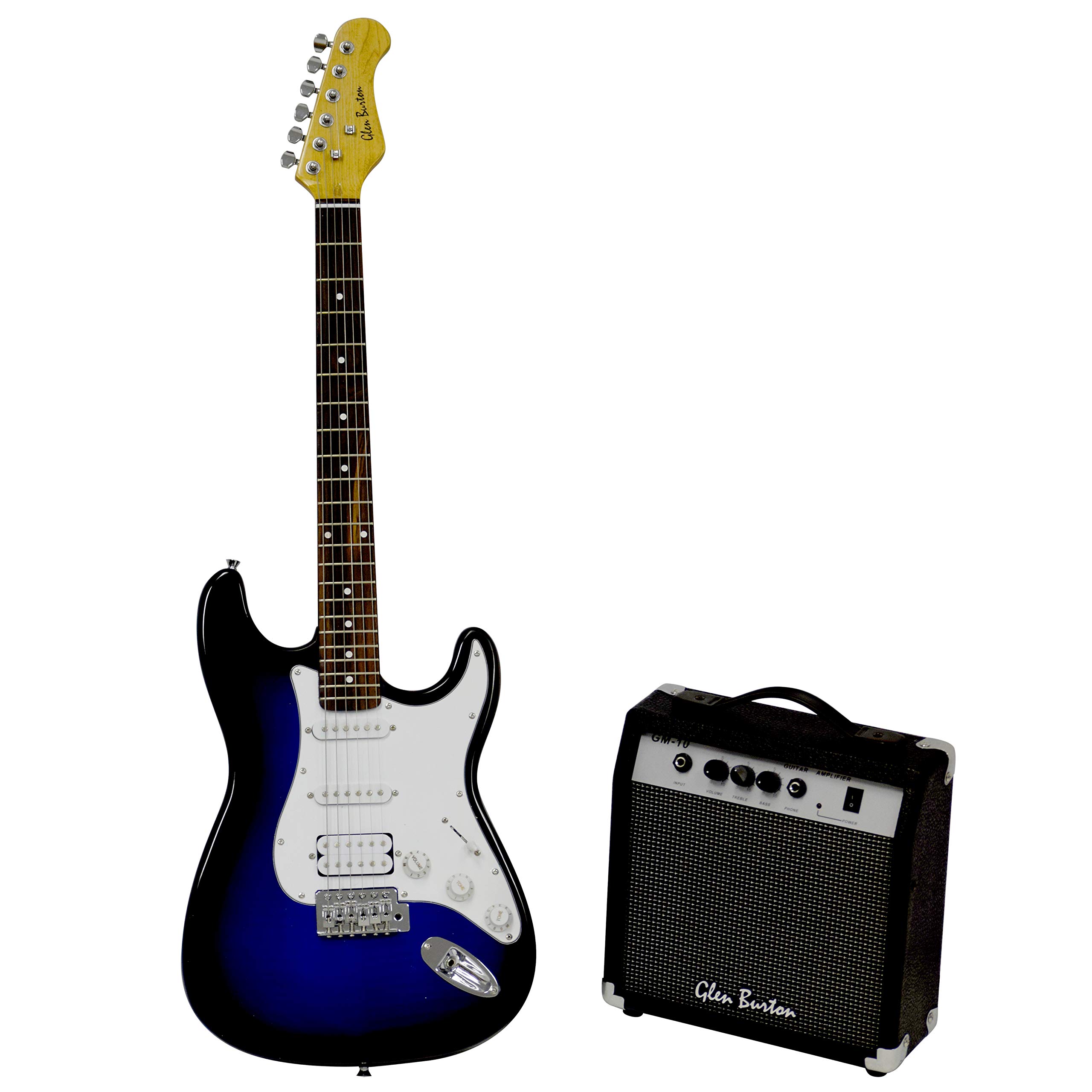 Glen Burton GE101BCO-BLS Electric Guitar Stratocaster-Style Combo with Accessories and Amplifier, Blueburst