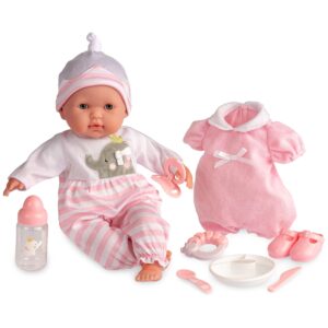 15" realistic soft body baby doll with open/close eyes | jc toys - berenguer boutique | 10 piece gift set with bottle, rattle, pacifier & accessories | pink | ages 2+