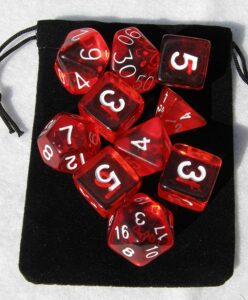 translucent red rpg d&d dice set: 7 + 3d6 = 10 polyhedral die plus bag! by dave's dice