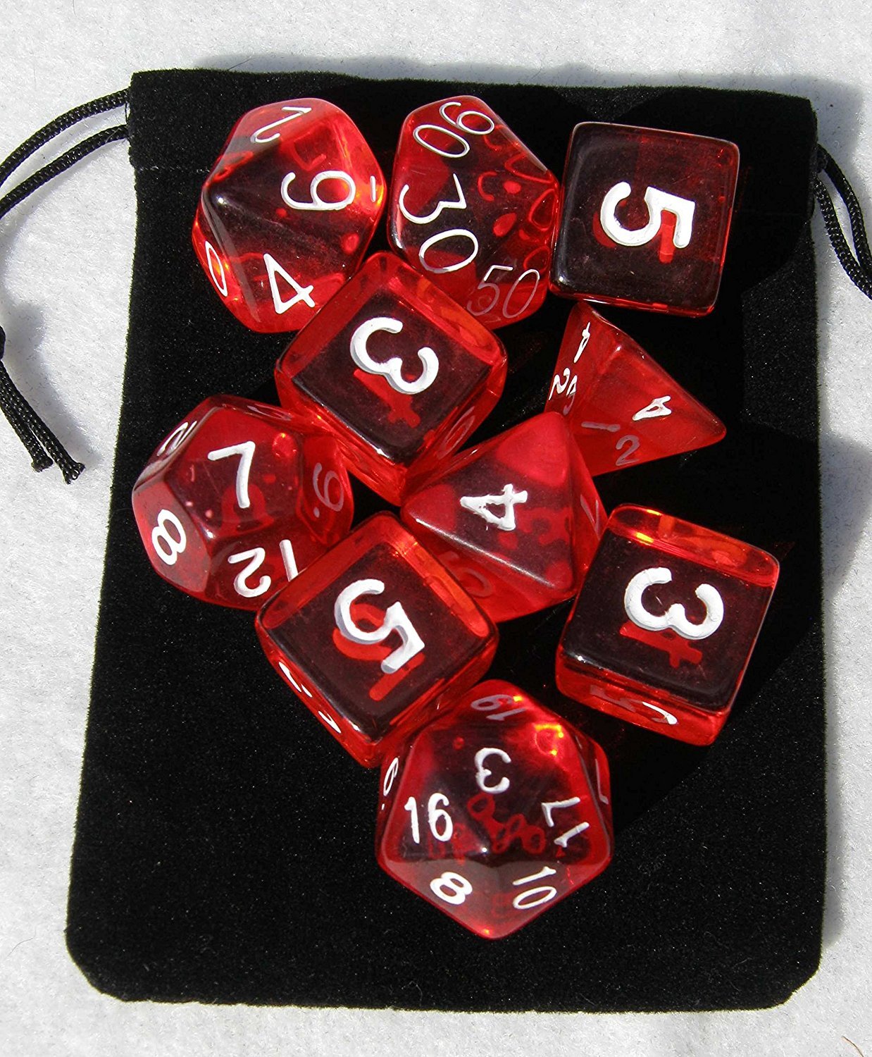 Translucent Red RPG D&D Dice Set: 7 + 3d6 = 10 polyhedral die plus bag! by Dave's Dice