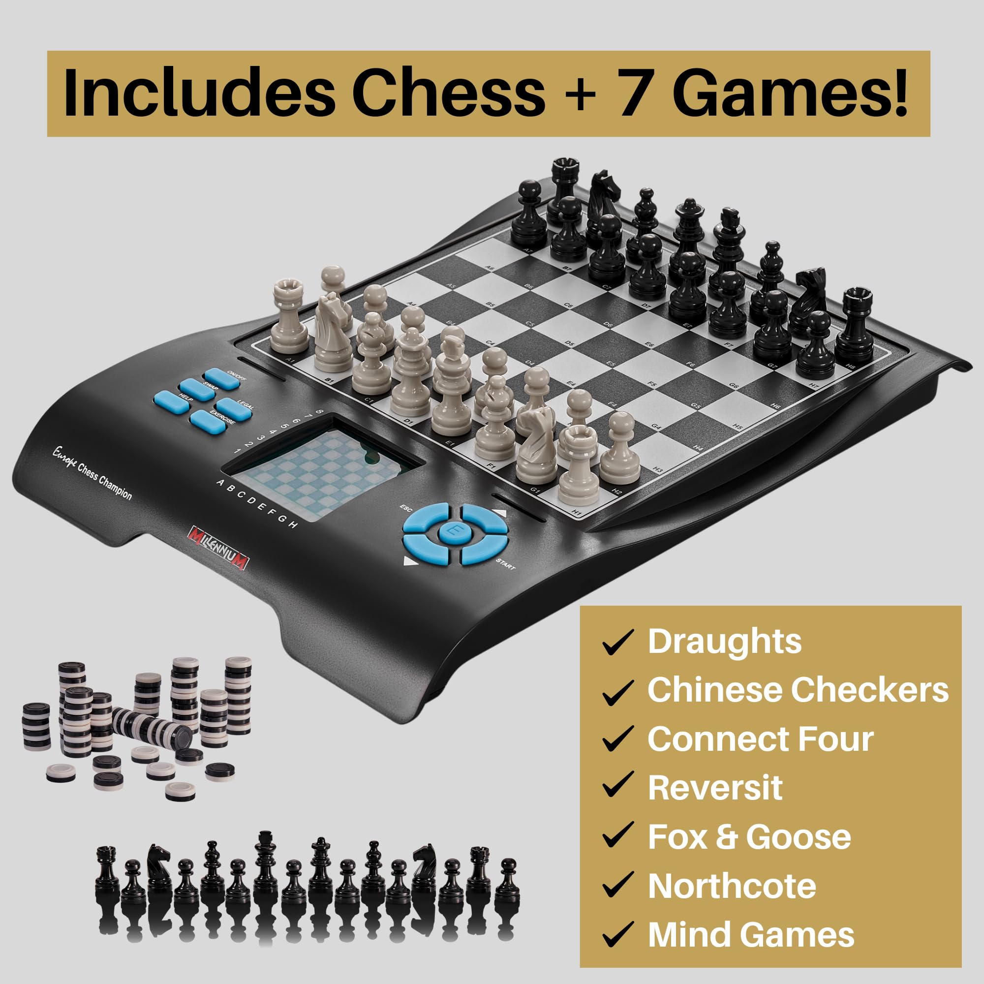 Electronic Chess Board for Kids & Adults - Includes 7 Games - Chess Strategy & Learning - Magnetic Board & Pieces - Portable & Travel - Smart Chess Computer- AI Chess Board - LCD Display - Millennium