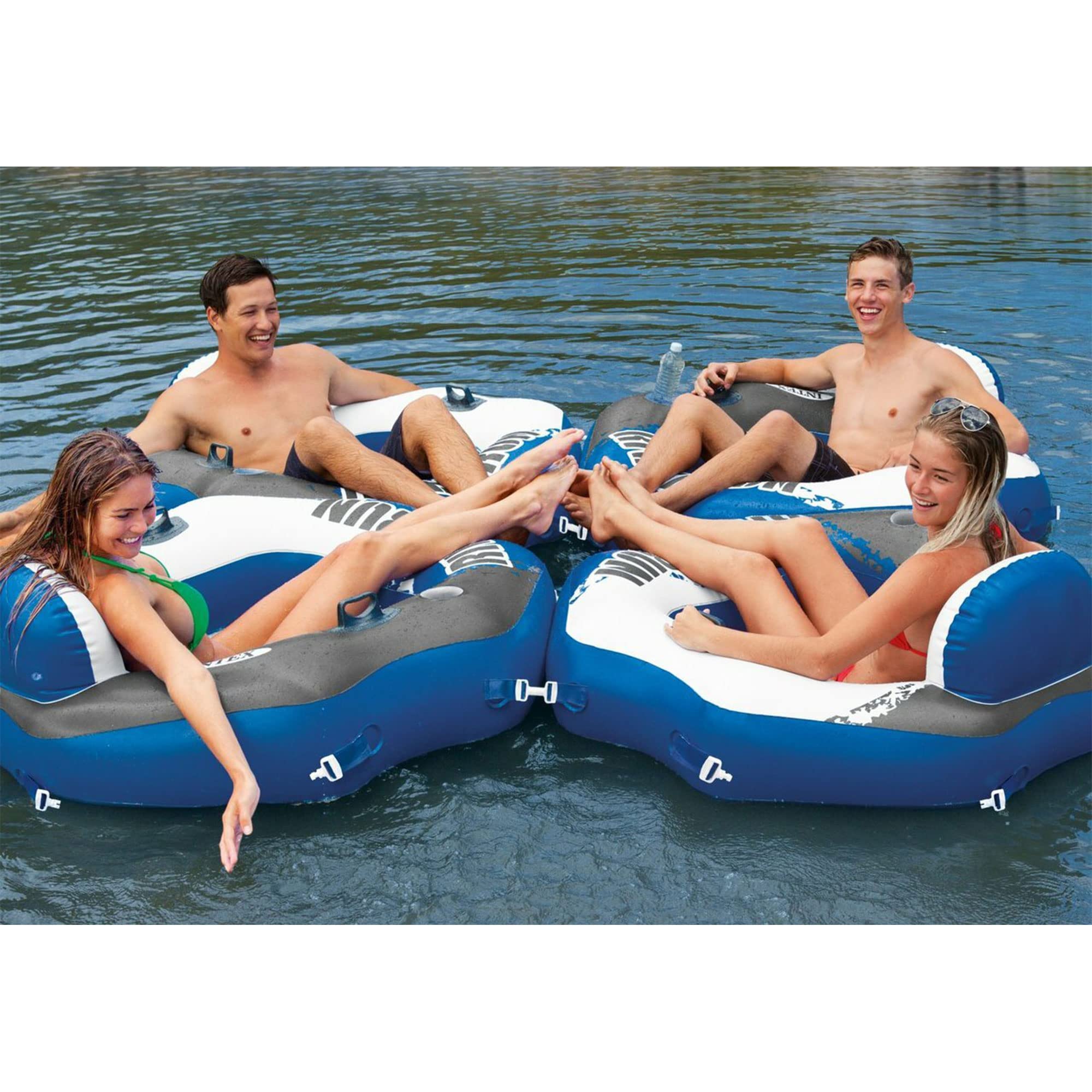 Intex 58854EP River Run Connect Inflatable Floating Lounge: Comfortable Backrest – Built-in Cup Holder – Durable Grab Handles – Easy-to-Use Connectors – 220lb Weight Capacity