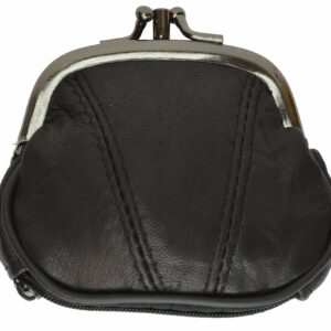 MARSHAL Leather Small Change Purse Double Frame with Zipper Pocket (Black)