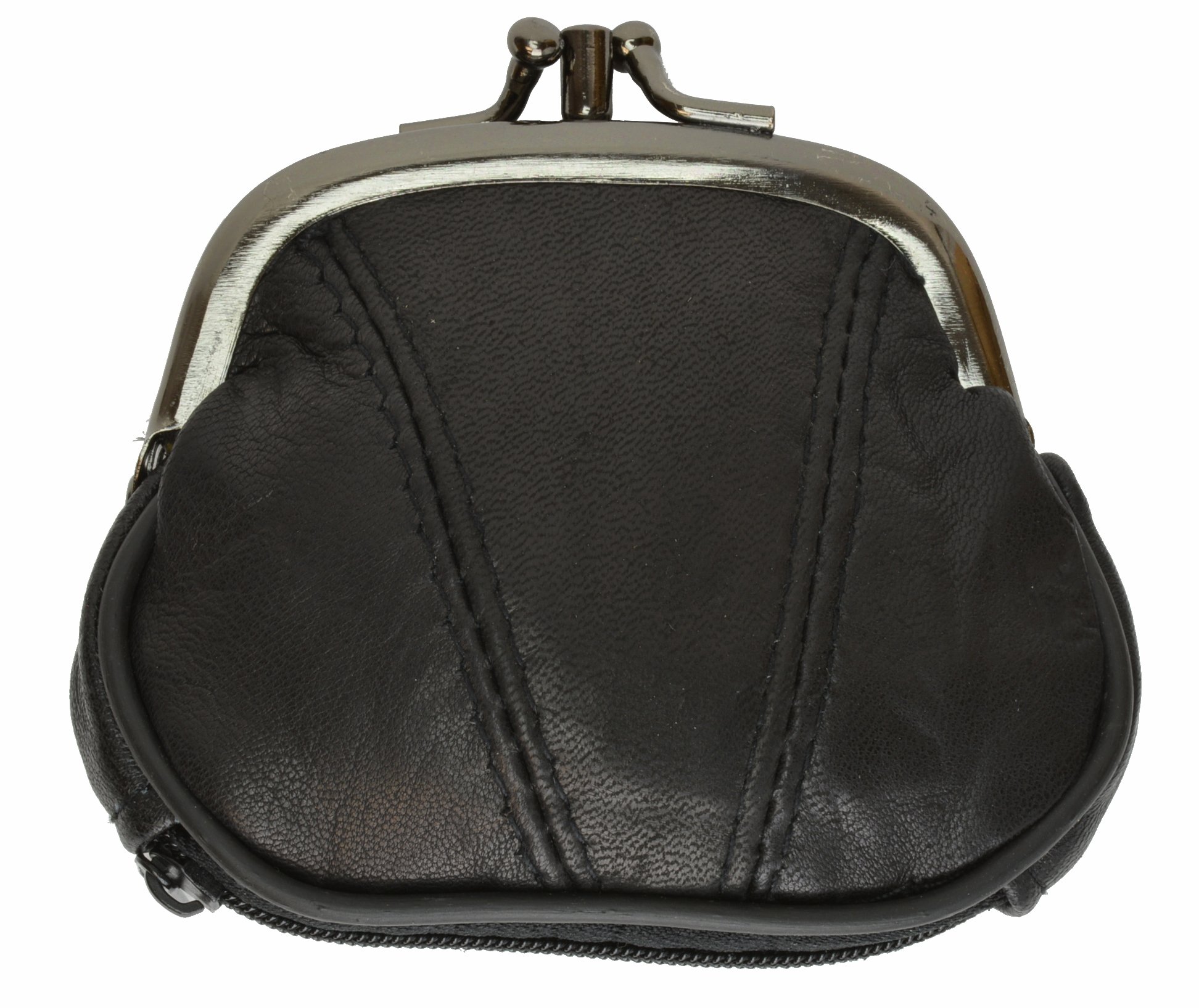 MARSHAL Leather Small Change Purse Double Frame with Zipper Pocket (Black)