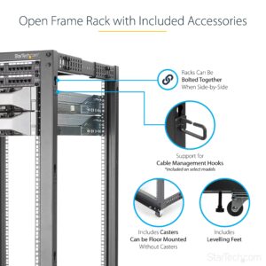 StarTech.com 4-Post 25U Mobile Open Frame Server Rack, 19in Network Rack with Wheels, Rolling Rack for Computer/AV/Data/IT Equipment - Casters, Leveling Feet or Floor Mounting (4POSTRACK25U)