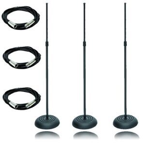 on stage 3 pack ms7201b round base microphone stand black, with 3 xlr microphone cables 20ft.