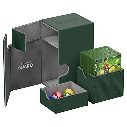 Ultimate Guard Flip 'n' Tray 80+, Deck Case for 80 Double-Sleeved TCG Cards + Dice Tray, Green/Grey, Independent Magnetic Closure & Microfiber Lining