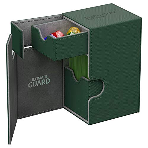 Ultimate Guard Flip 'n' Tray 80+, Deck Case for 80 Double-Sleeved TCG Cards + Dice Tray, Green/Grey, Independent Magnetic Closure & Microfiber Lining