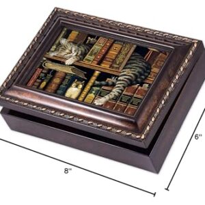 Cottage Garden Sleeping Cat On a Bookshelf Burlwood Rope Trim Jewelry Music Box Plays Canon in D