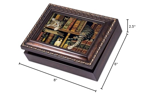 Cottage Garden Sleeping Cat On a Bookshelf Burlwood Rope Trim Jewelry Music Box Plays Canon in D