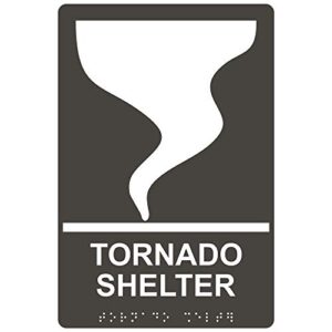 compliancesigns.com tornado shelter sign, ada-compliant braille and raised letters, 9x6 in. charcoal gray acrylic plastic with adhesive mounting strips