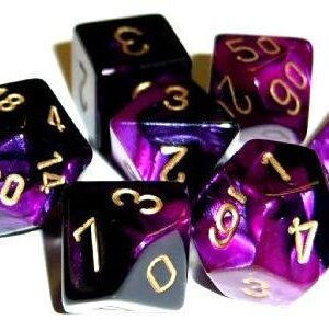 Chessex Manufacturing Cube Gemini Set Of 7 Dice - Black & Purple With Gold Numbering CHX-26440