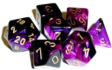 Chessex Manufacturing Cube Gemini Set Of 7 Dice - Black & Purple With Gold Numbering CHX-26440