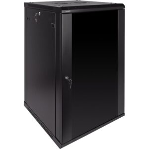 NavePoint 18U Server Rack Enclosure - 23.6” Deep, 18U Wall Mount Network Cabinet with Locking Glass Door for 19” IT Equipment, 18U Network Rack with 2 Fans, Removable Side Panels, Black