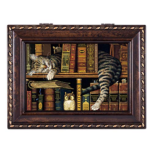 Cottage Garden Sleeping Cat On a Bookshelf Burlwood Rope Trim Jewelry Music Box Plays Canon in D