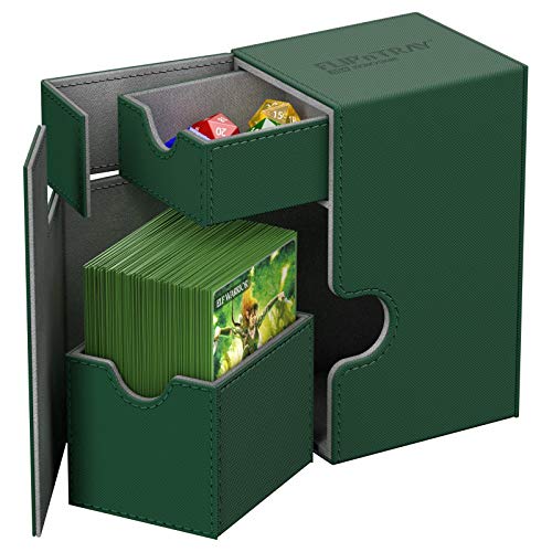 Ultimate Guard Flip 'n' Tray 80+, Deck Case for 80 Double-Sleeved TCG Cards + Dice Tray, Green/Grey, Independent Magnetic Closure & Microfiber Lining