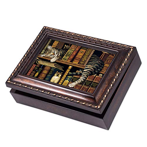 Cottage Garden Sleeping Cat On a Bookshelf Burlwood Rope Trim Jewelry Music Box Plays Canon in D