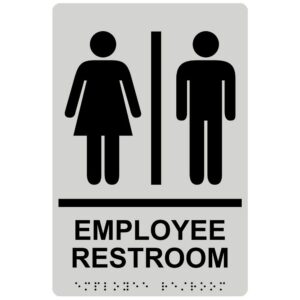 compliancesigns.com employee restroom sign with ada-compliant braille and raised letters, 9x6 in. pearl gray acrylic with adhesive mounting strips