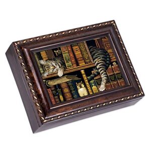 cottage garden sleeping cat on a bookshelf burlwood rope trim jewelry music box plays canon in d