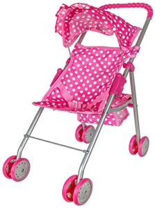 click n' play baby doll stroller, pink & white polka dots baby stroller for dolls, foldable with hood and basket, toy stroller for baby dolls, doll strollers for girls 2 years old and older, toddlers