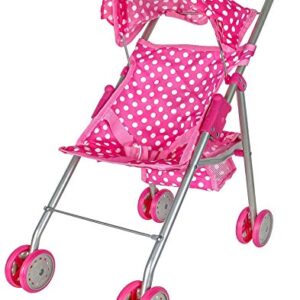 Click N' Play Baby Doll Stroller, Pink & White Polka Dots Baby Stroller for Dolls, Foldable with Hood and Basket, Toy Stroller for Baby Dolls, Doll Strollers for Girls 2 Years Old and Older, Toddlers