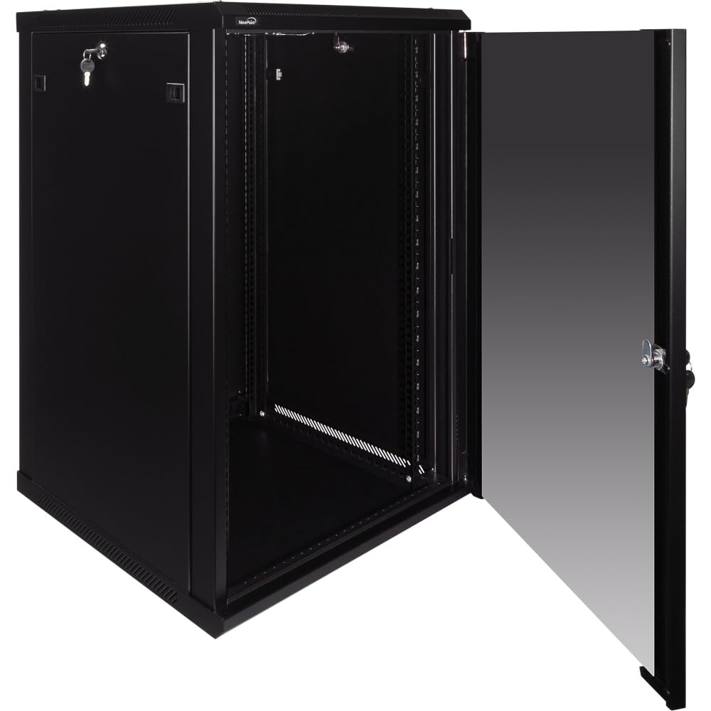 NavePoint 18U Server Rack Enclosure - 23.6” Deep, 18U Wall Mount Network Cabinet with Locking Glass Door for 19” IT Equipment, 18U Network Rack with 2 Fans, Removable Side Panels, Black