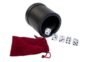 alex cramer golden gate dice shaker cup set - 5 white dice, drawstring pouch & book of dice games (liar’s dice) included - leather dice cup - quiet shaking.