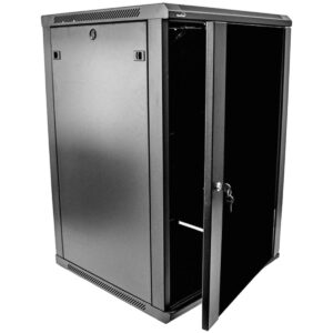 navepoint 18u server rack enclosure - 23.6” deep, 18u wall mount network cabinet with locking glass door for 19” it equipment, 18u network rack with 2 fans, removable side panels, black