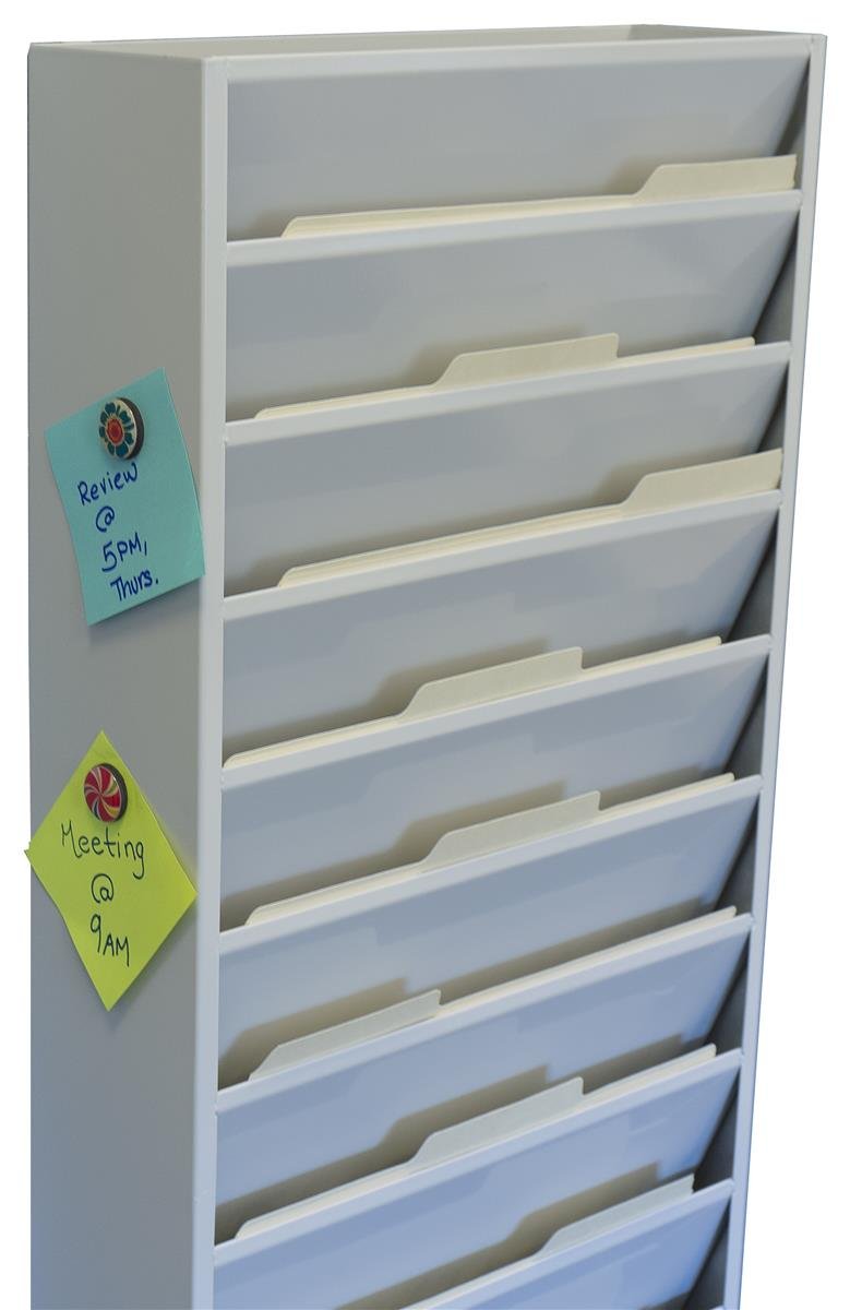 Displays2go Office File Folder Wall Rack, 11 Tiered Pockets, Medical Chart Folders (Putty/Powder Coated Steel)