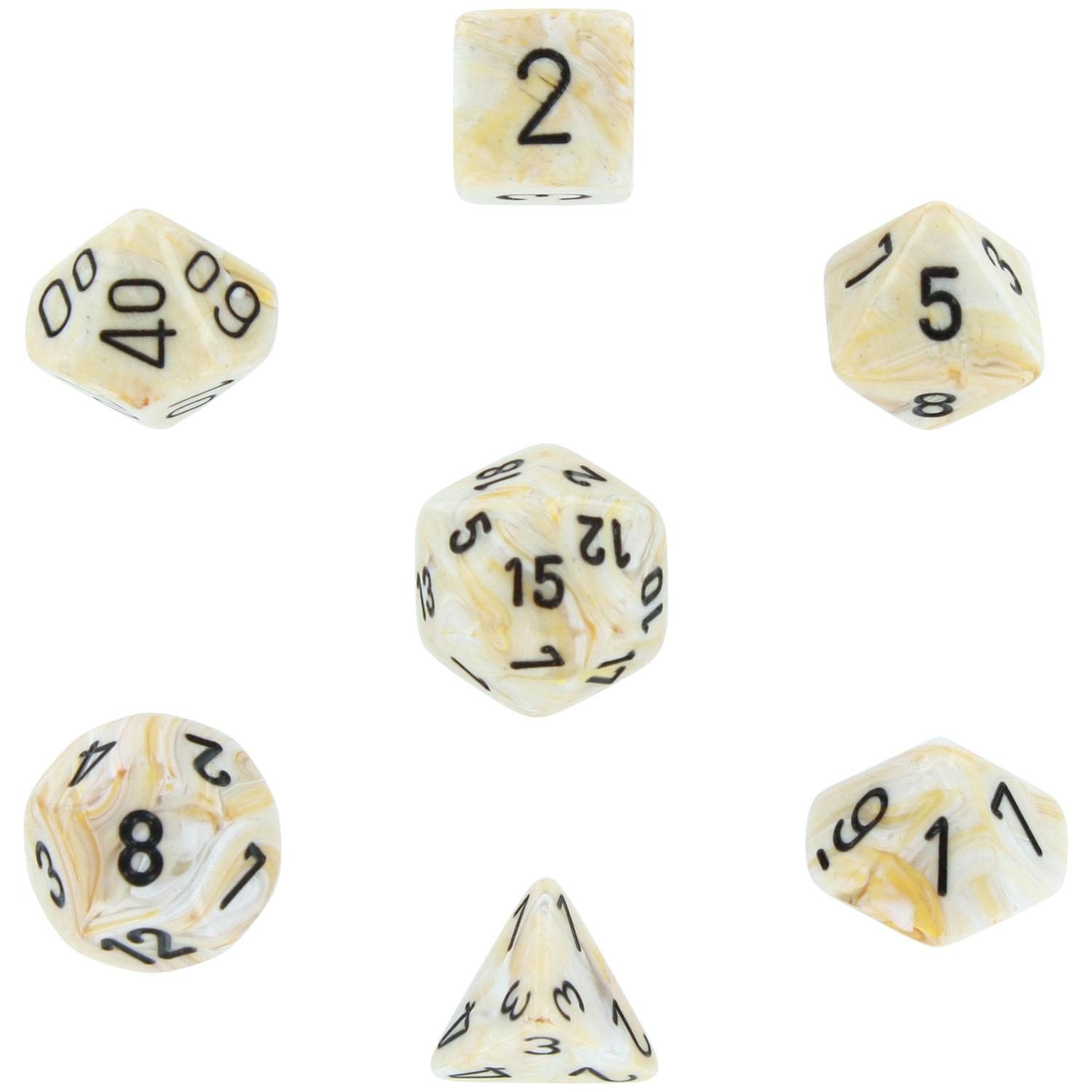 Chessex Dice: Polyhedral 7-Die Marble Dice Set - Ivory with Black