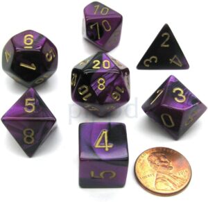 chessex manufacturing cube gemini set of 7 dice - black & purple with gold numbering chx-26440