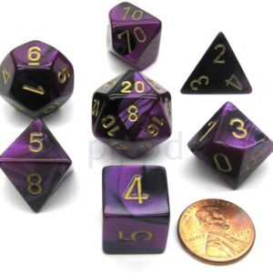 Chessex Manufacturing Cube Gemini Set Of 7 Dice - Black & Purple With Gold Numbering CHX-26440