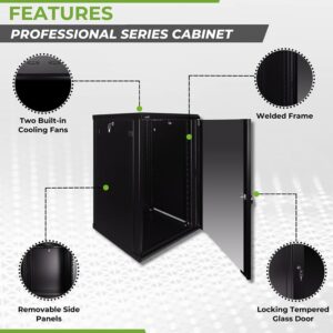 NavePoint 18U Server Rack Enclosure - 23.6” Deep, 18U Wall Mount Network Cabinet with Locking Glass Door for 19” IT Equipment, 18U Network Rack with 2 Fans, Removable Side Panels, Black