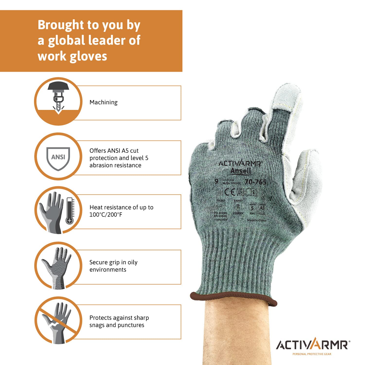 Ansell ActivArmr 70-765 Heat-Resistant Industrial Kevlar Gloves w/Leather Palm for Auto, Machinery, Fabrication - Size 11, Grey (12 Pairs)