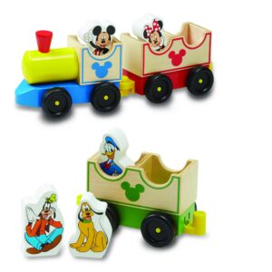 melissa & doug disney baby mickey mouse and friends all aboard wooden train toy with 3 train cars and 5 characters