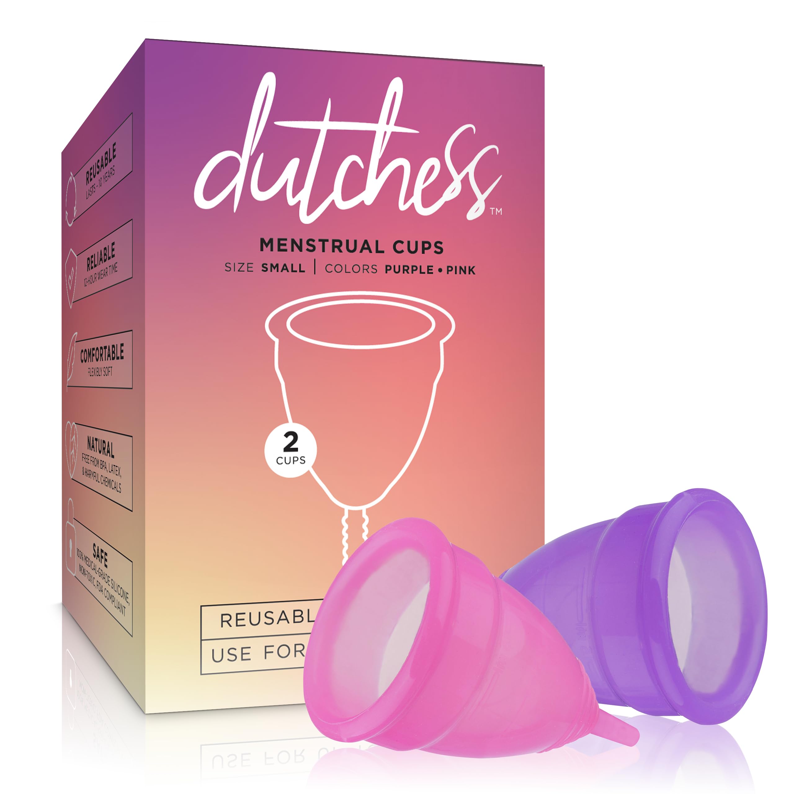 Dutchess Menstrual Cup - Reusable, Soft, Medical-Grade Silicone Period Cups - Easy to Clean Tampon and Pad Alternative, Pink & Purple, Small, Pack of 2