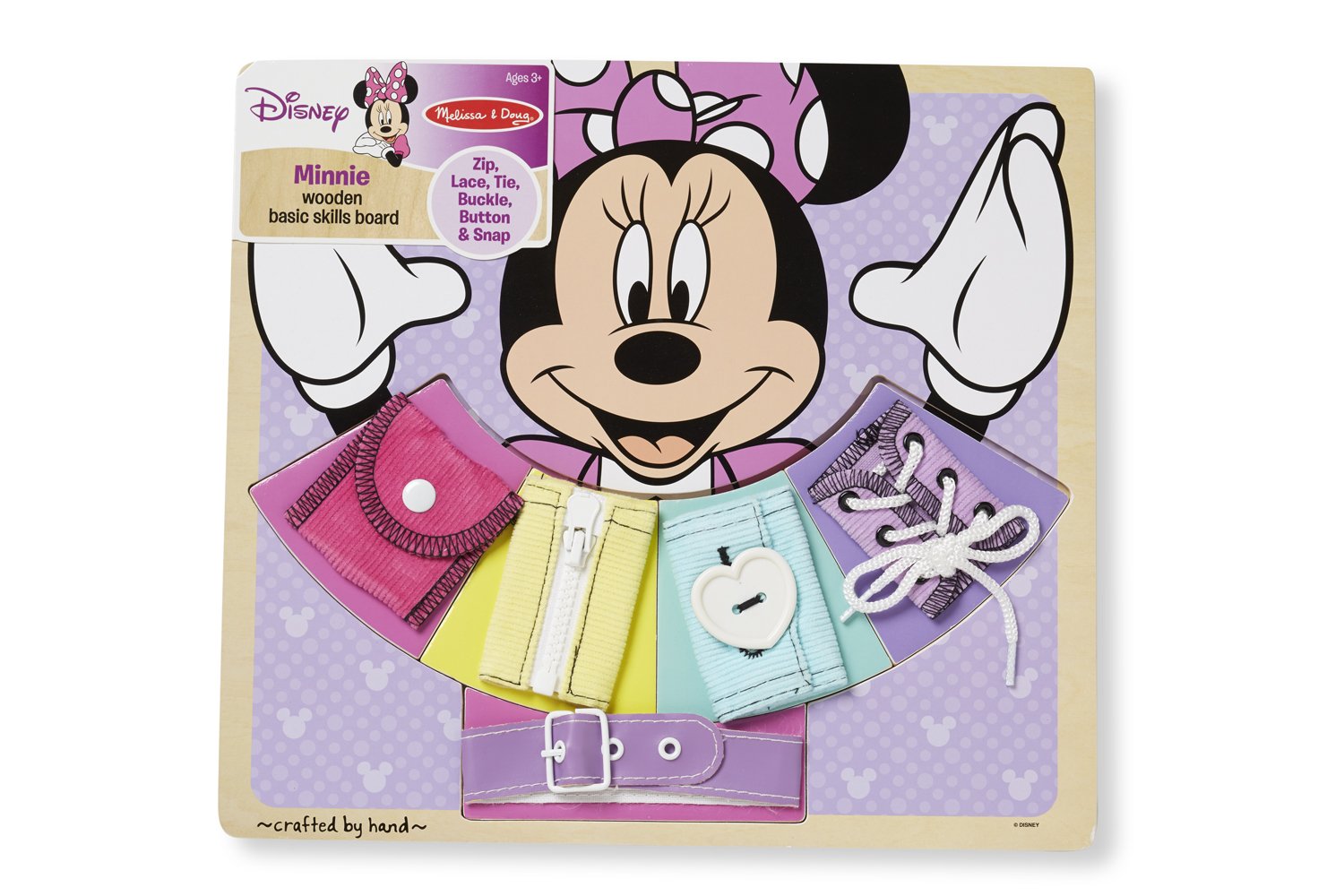 Melissa & Doug Disney Minnie Mouse Wooden Basic Skills Board - Zip, Lace, Tie, Buckle, Button, and Snap