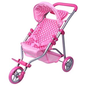 precious toys baby doll stroller, doll stroller for toddlers and 2-year-old girls and older, pink & white polka dots, toy baby stroller for dolls, foldable with hood, basket and foam handles