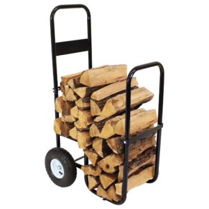 sunnydaze outdoor firewood log cart with pneumatic tires - black steel rolling wood carrier