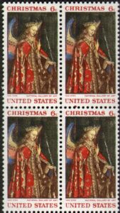 christmas angel gabriel "the annunciation" by jan van eyck (scott #1363) block of 4 x 6¢ us postage stamps