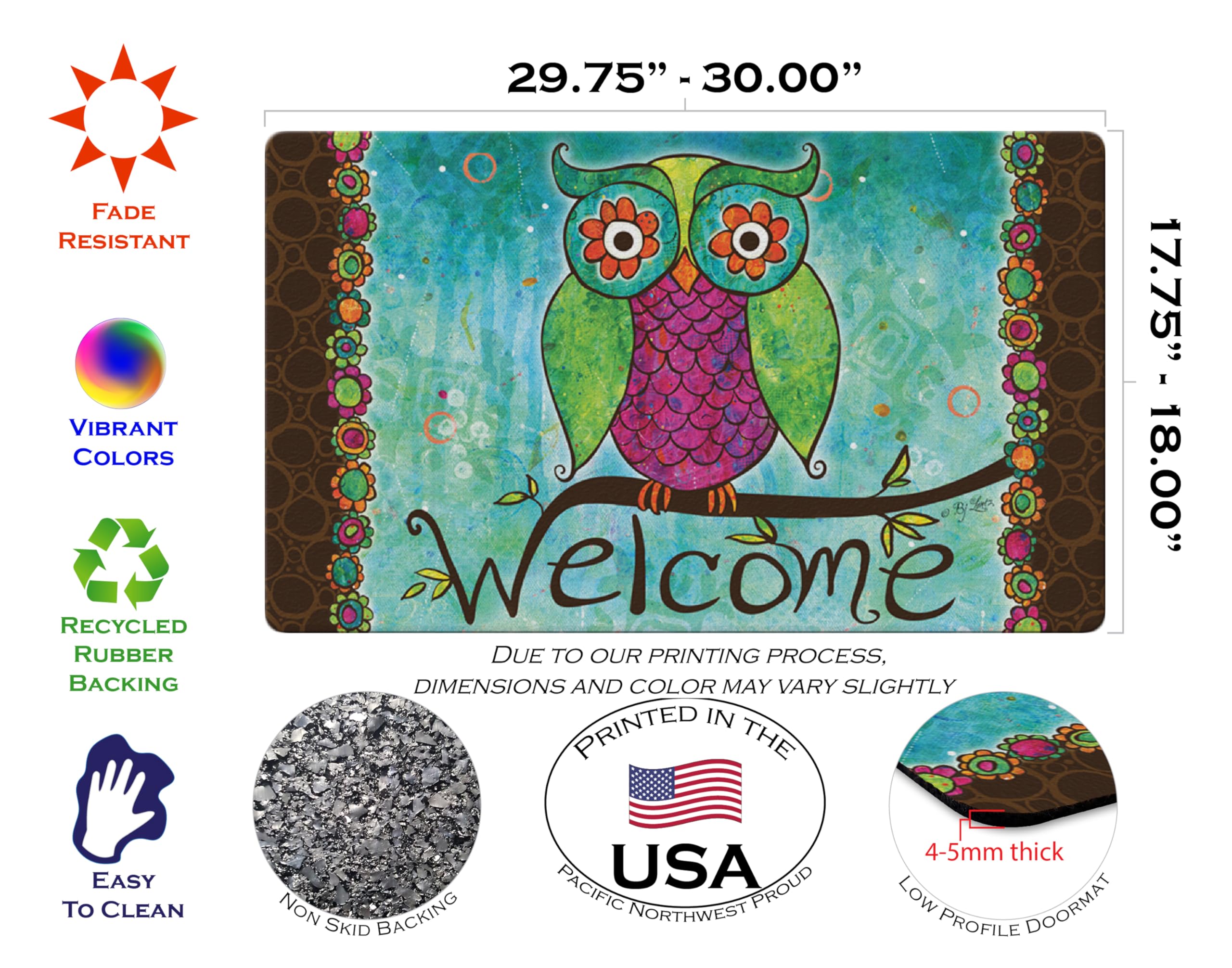 Toland Home Garden 800004 Rainbow Owl Welcome Door Mat 18x30 Inch Bird Outdoor Doormat for Entryway Indoor Entrance