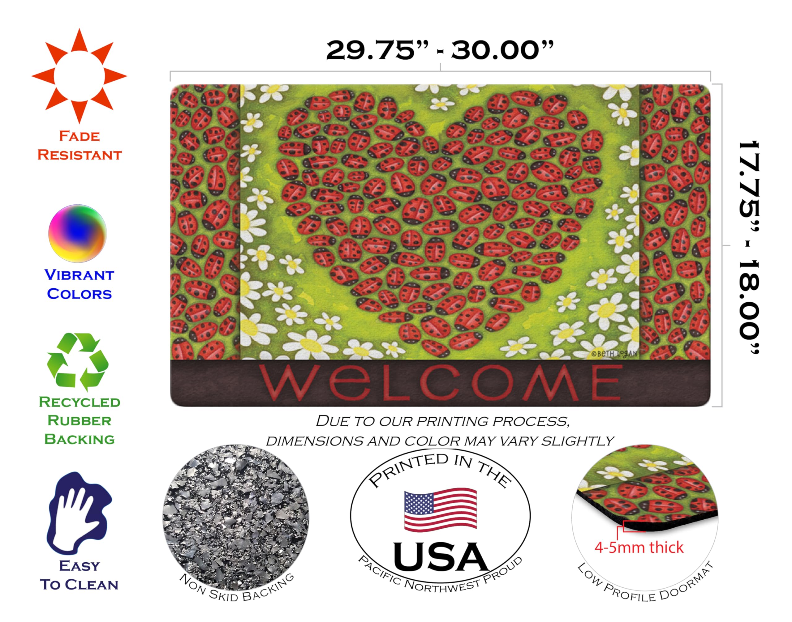 Toland Home Garden 800003 Ladybug Heart Summer Door Mat 18x30 Inch Welcome Outdoor Doormat for Entryway Indoor Entrance