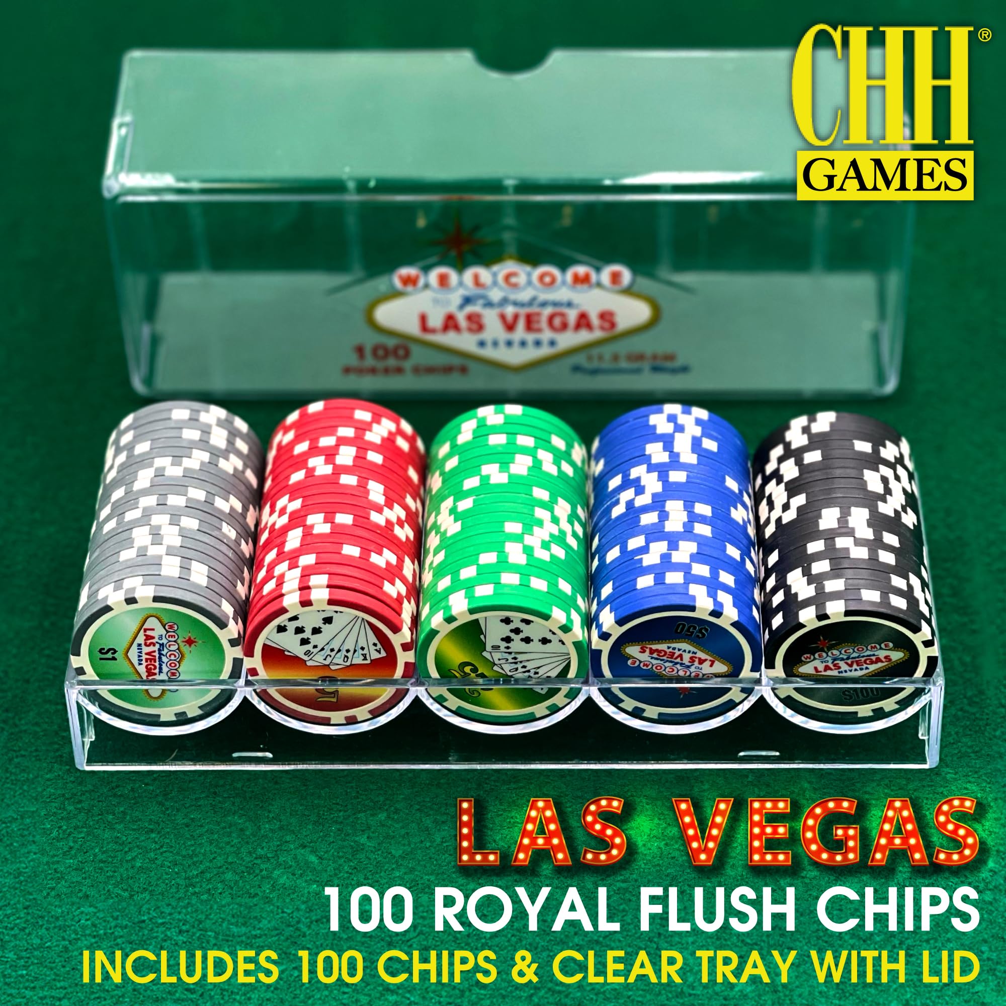 100 Piece "Las Vegas" Design Poker Chips in Clear Plastic Tray