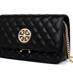 Women Genuine Leather Shoulder Bag Ladies Fashion Clutch Purses Quilted Crossbody Bags With Chain - Quilted Black