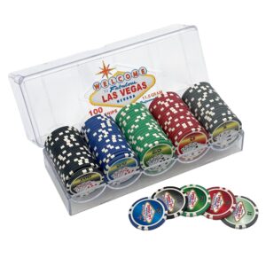 100 piece "las vegas" design poker chips in clear plastic tray